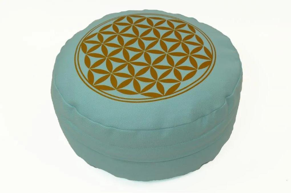 S radostí - vlastní výroba Meditační polštář se zlatým Květem života - světle modrý Velikost: ∅30 x v12 cm