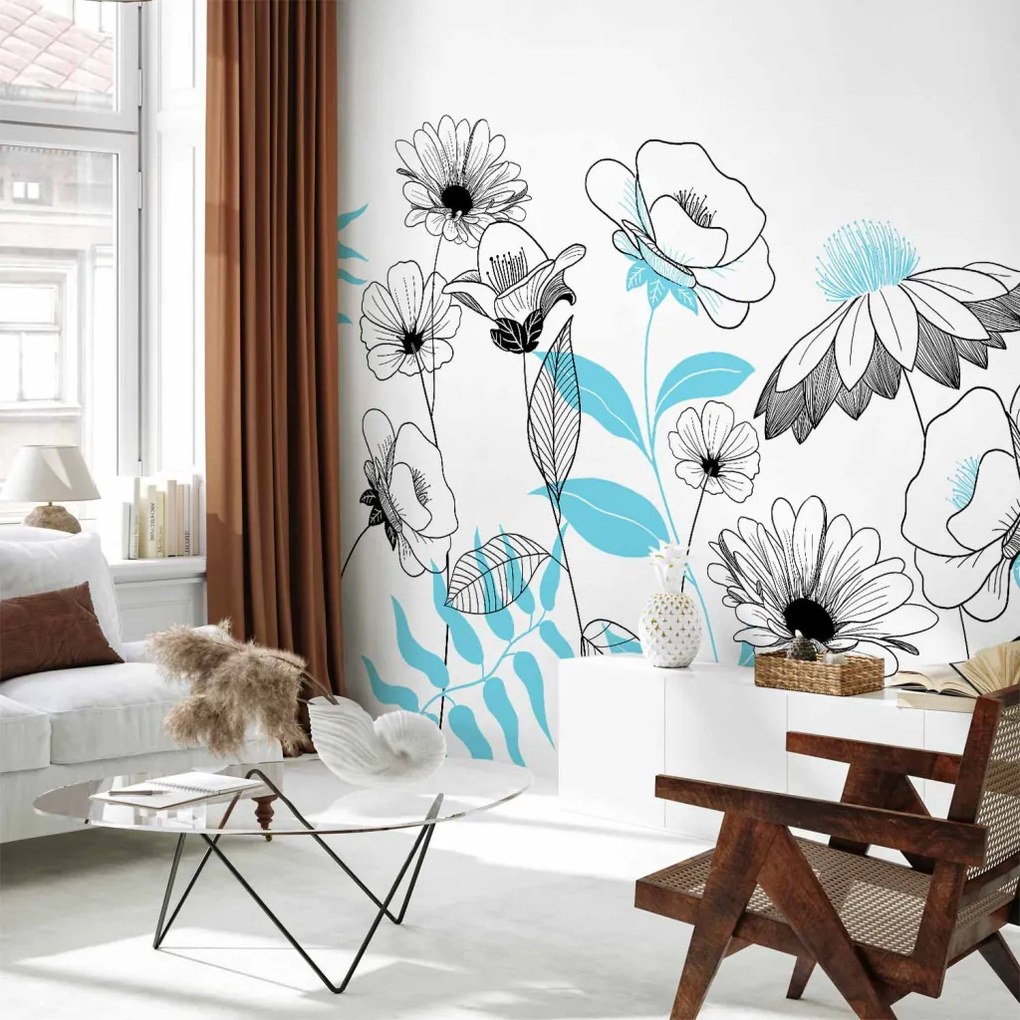 Fototapeta Kreslené květiny - rostlinný motiv s modrými vzory na bílém pozadí