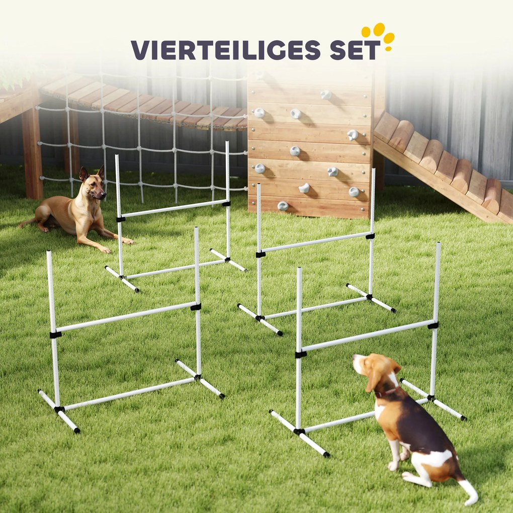 PawHut agility překážková sada pro výcvik psů 4 překážky slalomové tyče plastové bílé 99x65x94cm pro aktivní výcvik psů