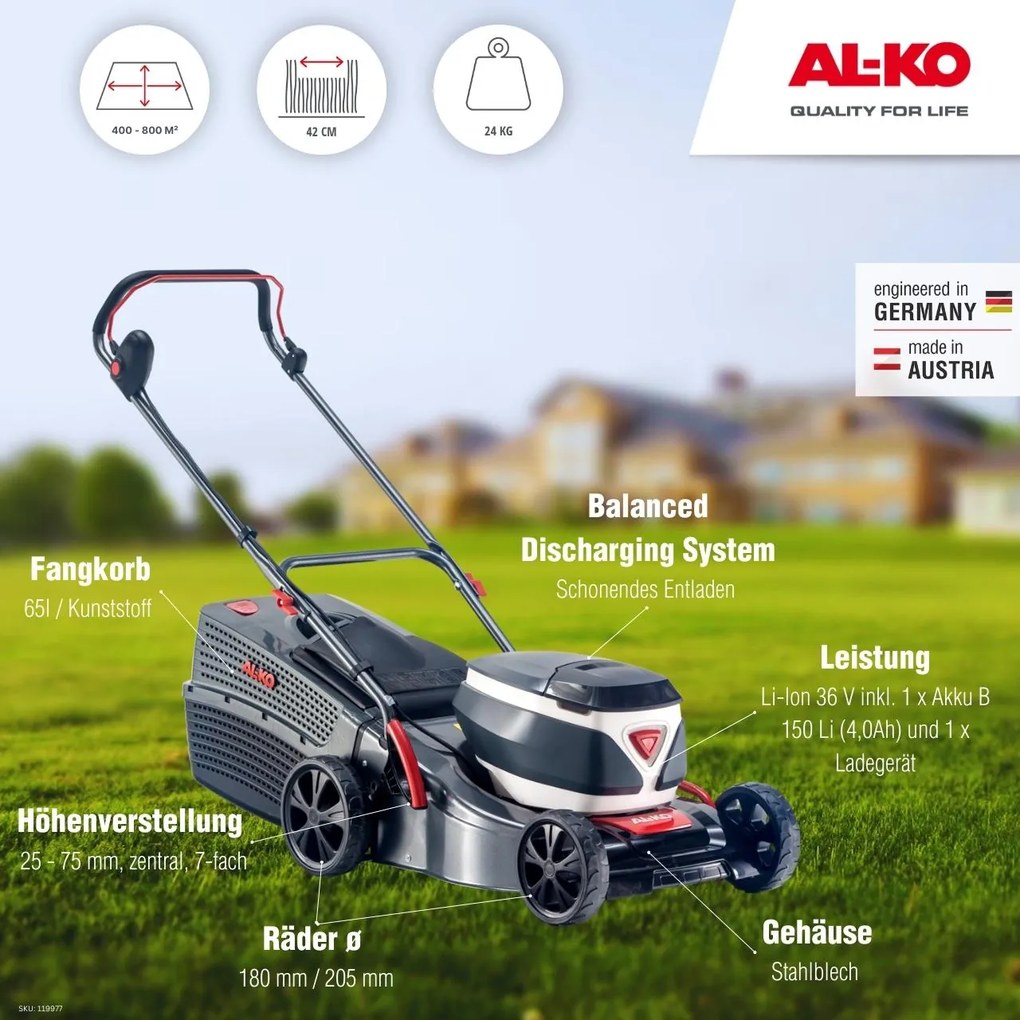 Akumulátorová sekačka AL-KO 42.2 Li Comfort ENERGY FLEX 2v1 (včetně baterie 4 Ah a nabíječky) - SKLADEM !