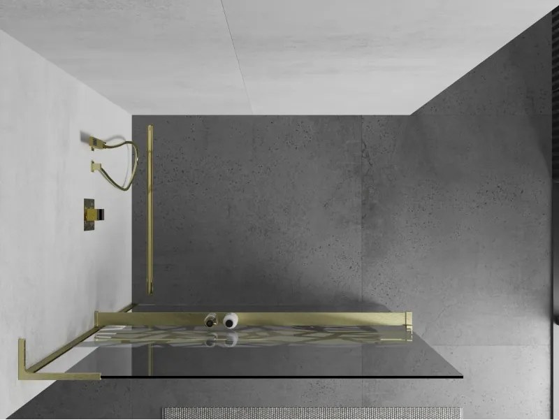 Mexen Kioto+ L, sprchová zástěna Walk-In s poličkou a věšákem 80 x 200 cm, 8mm čiré sklo bílý vzor, ​​zlatý matný profil, 800-080-123-55-85