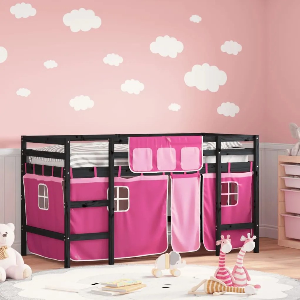 Dětská patrová postel se závěsy růžová 80 x 200 cm borovice - Default Title