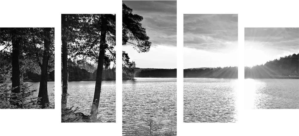 5-dílný obraz západ slunce nad jezerem v černobílém provedení Varianta: 100x50