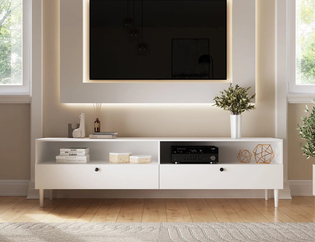 TV stolek s policí a skříňkami DULLUM 200x58cm, bílý
