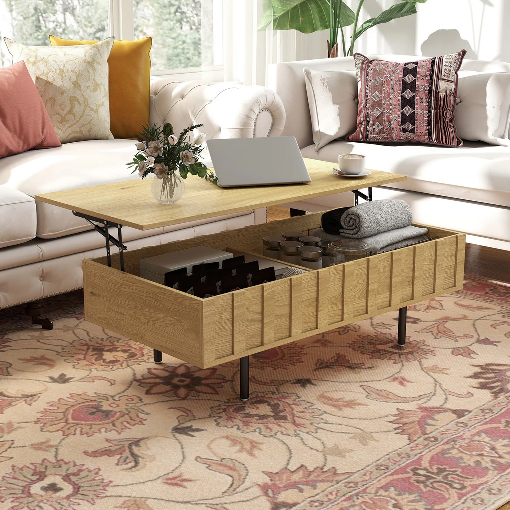 HOMCOM Sklápěcí konferenční stolek se 2 skrytými přihrádkami a žebernými stranami, mid-century-modern styl, 110x55x36,5 cm, dub