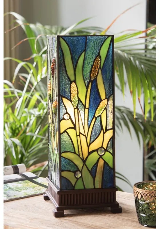 Stolní lampa Tiffany Rust zelená ve tvaru hranolu – 18x18x45 cm