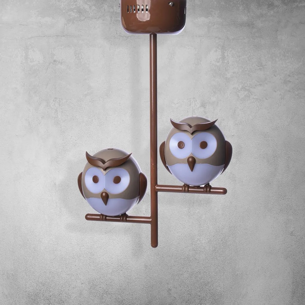 Dětské stropní svítidlo Owl, 2x hnědé plastové stínítko, br