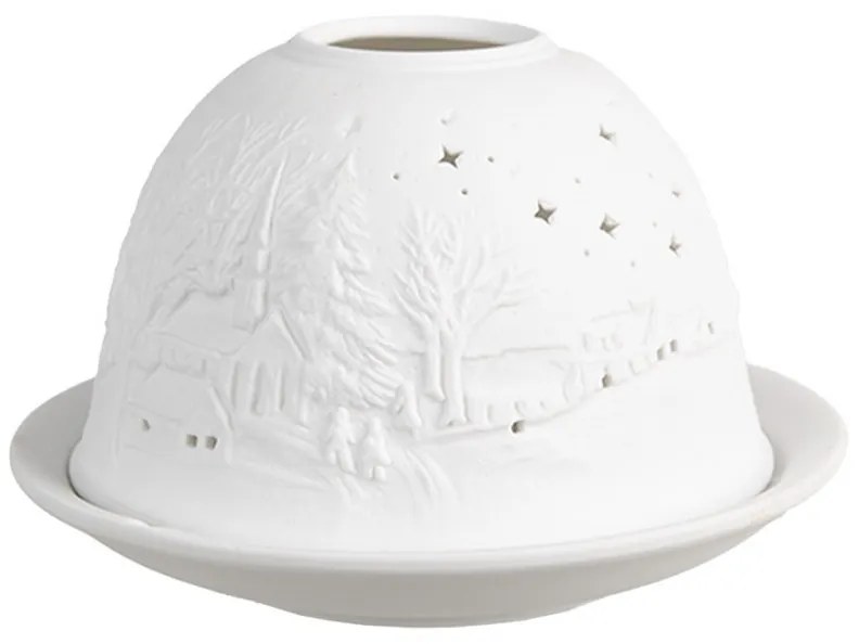 Bílý porcelánový svícen na čajovou svíčku zimní krajina Paollo - Ø 12 * 8 cm