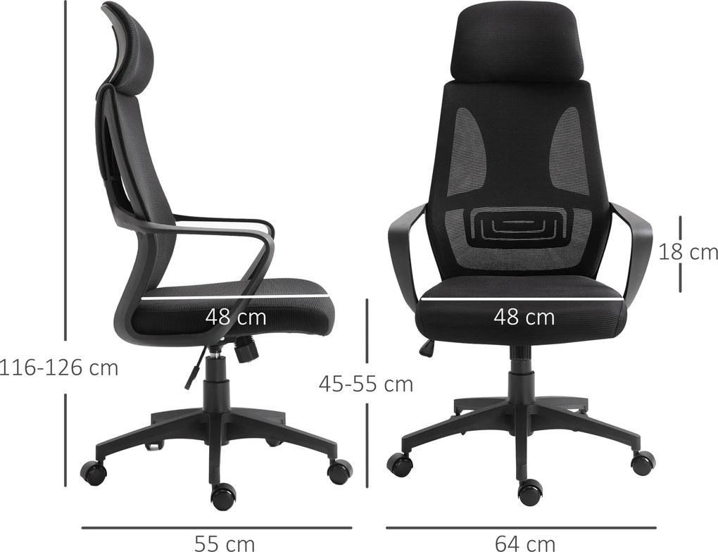 Vinsetto kancelářská židle s nastavitelným opěradlem, područkami, hlavovou opěrkou, kolečky a houpací funkcí, nosnost 120 kg, 64x55x116-126 cm, černá