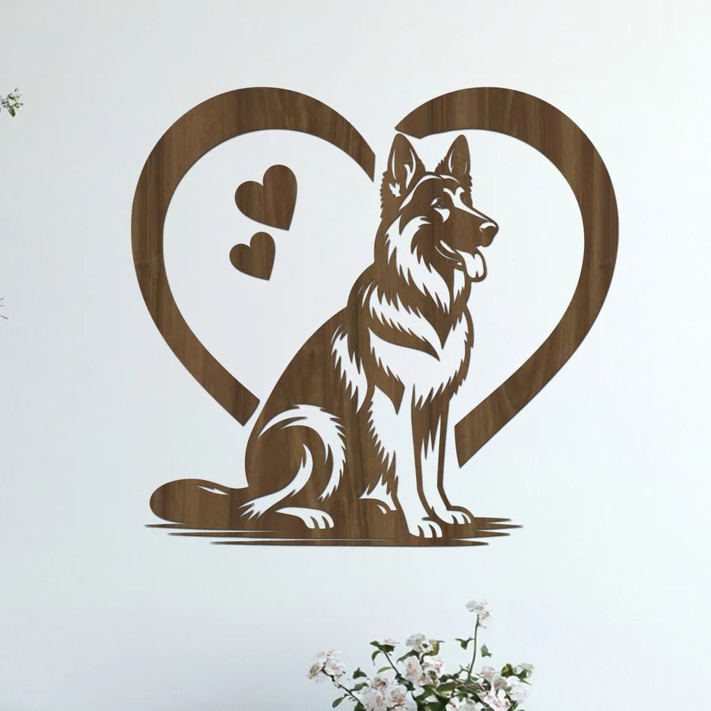 dřevo života Dřevěný obraz sedícího Německého ovčáka v srdci Zvolte rozměr (cm): 40x38, Zvolte barvu dekoru: Wenge