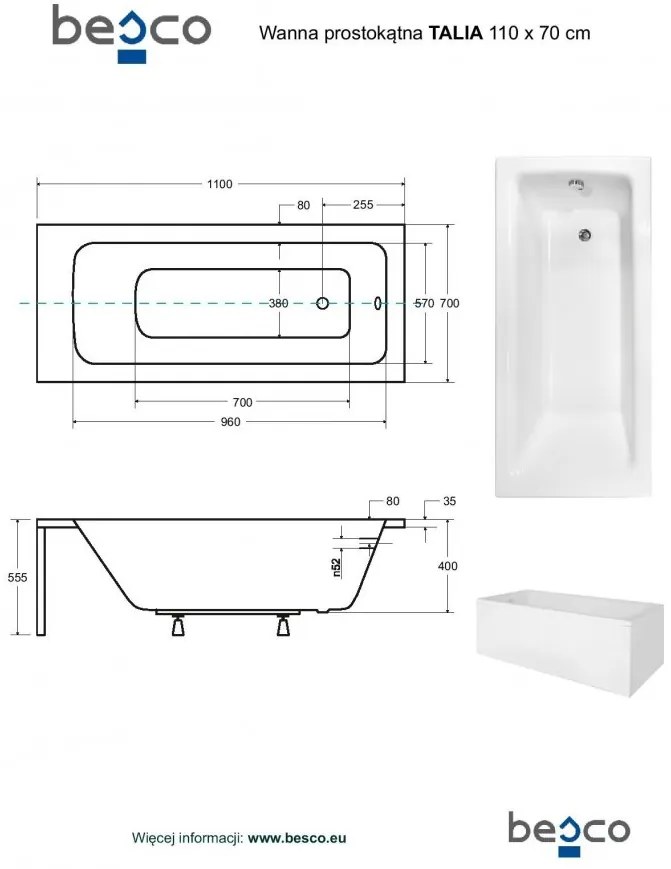 BESCO Obdélníková vana TALIA Nožičky k vaně - Bez nožiček, Rozměr vany - 110 × 70 cm VANTAL11