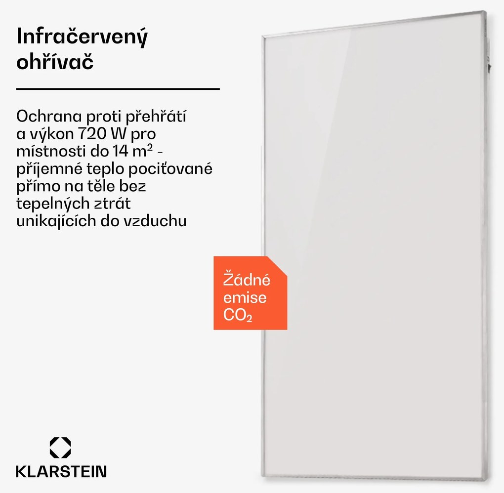 Klarstein Wonderwall 720 Smart, infračervený ohřívač, 120 x 60 cm, 720 W, týdenní časovač, IP24, bílý