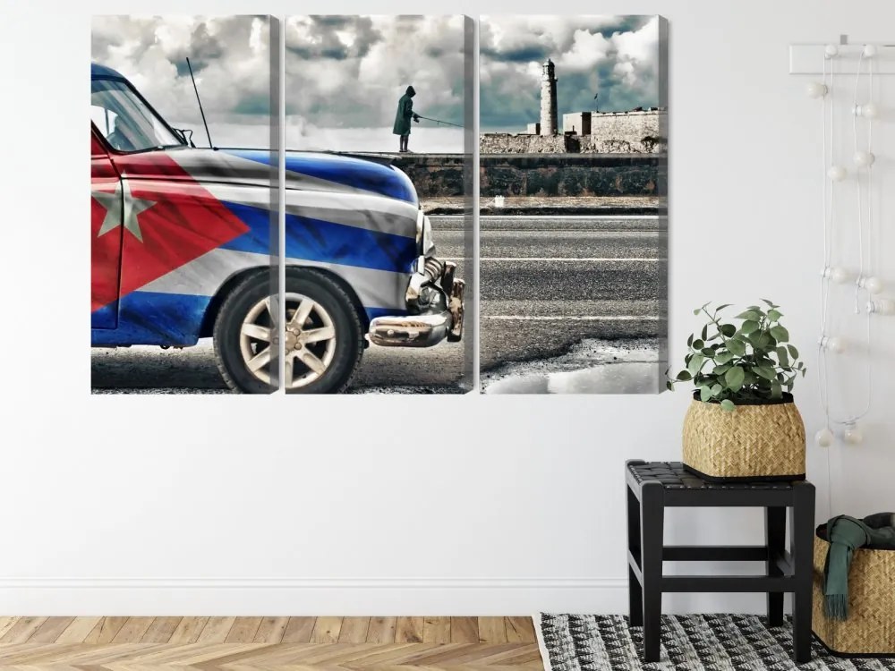 Vícedílný obraz Auto S Kubánskou Vlajkou V Ulicích Havany Nedostatek Nedostatek Plátno Canvas 60x40