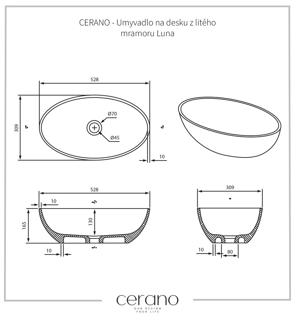 CERANO - Umyvadlo na desku z litého mramoru Luna - černá matná - 52,8x30,9 cm