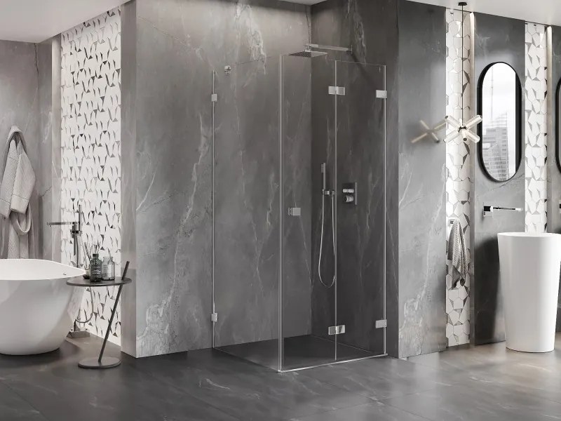 Mexen Lunar-F, sklápěcí sprchový kout pravý 90 x 90 cm, 8mm čiré sklo, chromový profil, 836-090-090-01-00-P