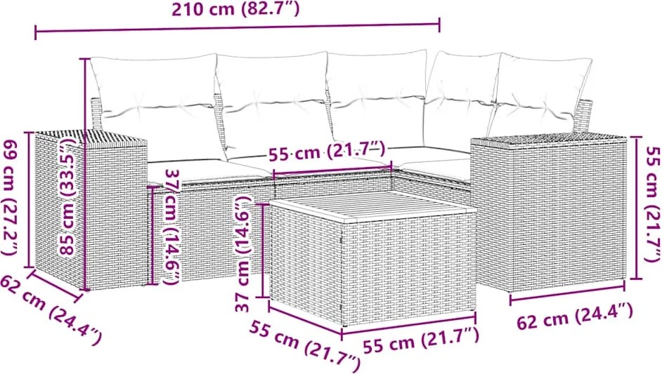 5dílná zahradní sedací souprava s poduškami černá polyratan 3257757