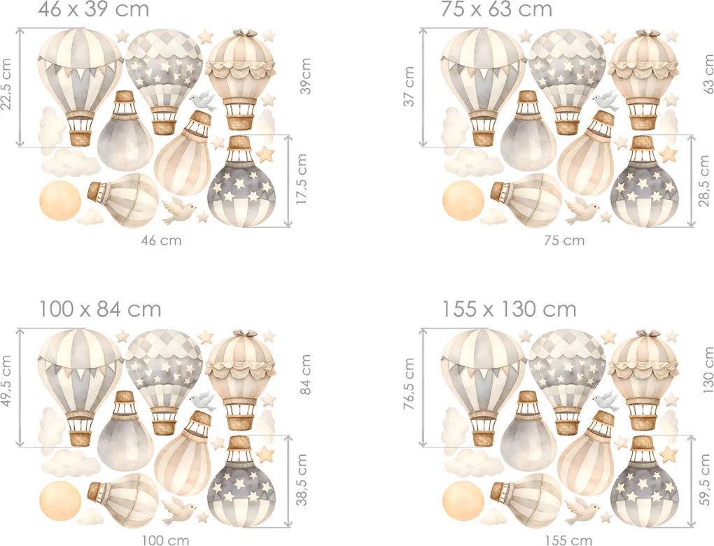 Létající balóny scandi akvarel textilní přelepitelné samolepky na zeď arch 75 x 63 cm