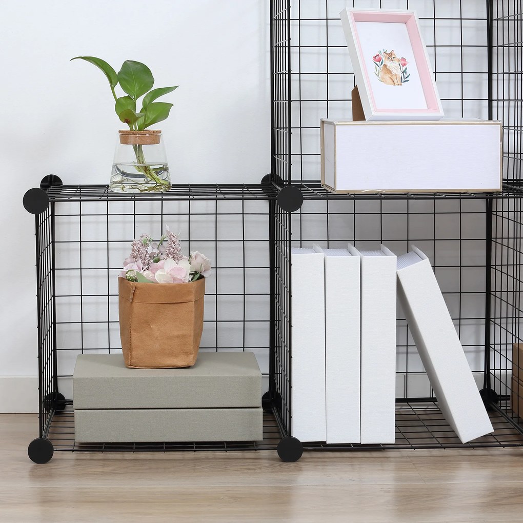 HOMCOM Drátová police, regálový systém se 6 kostkami, DIY úložný systém z drátů, regálová jednotka do obývacího pokoje a ložnice, černá, 109 x 37 x 1…