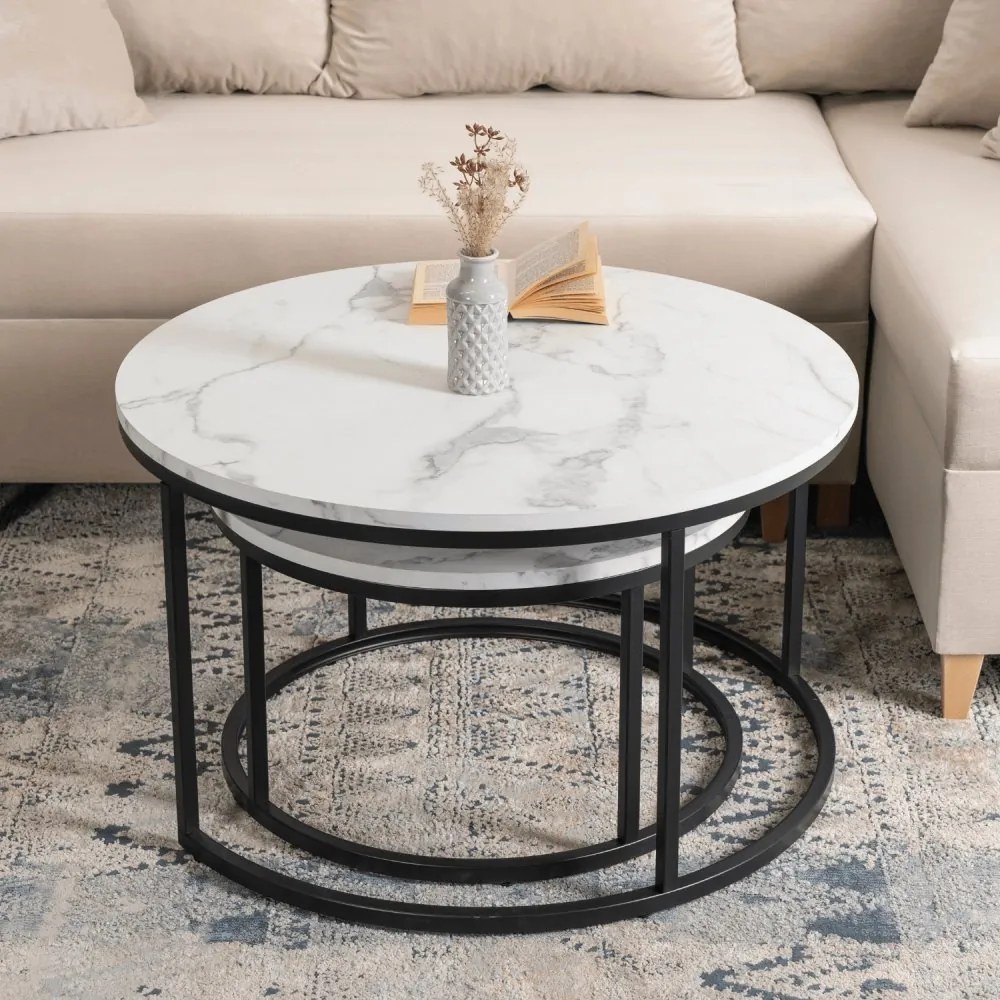 Mebel Elite Elegantní sada stolků DAFNE MAX, bílý mramor a černý kov Meble Elite