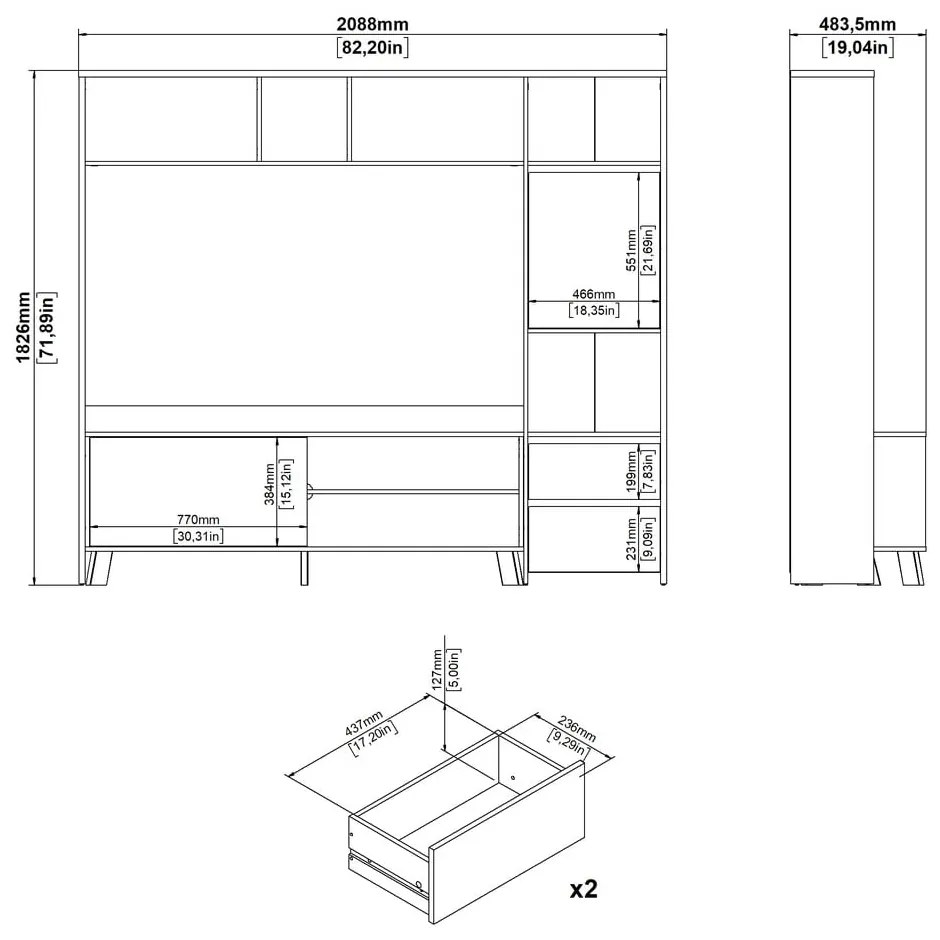 Bílá/v přírodní barvě TV sestava v dekoru dubu 209x183x48 cm Next – Tvilum