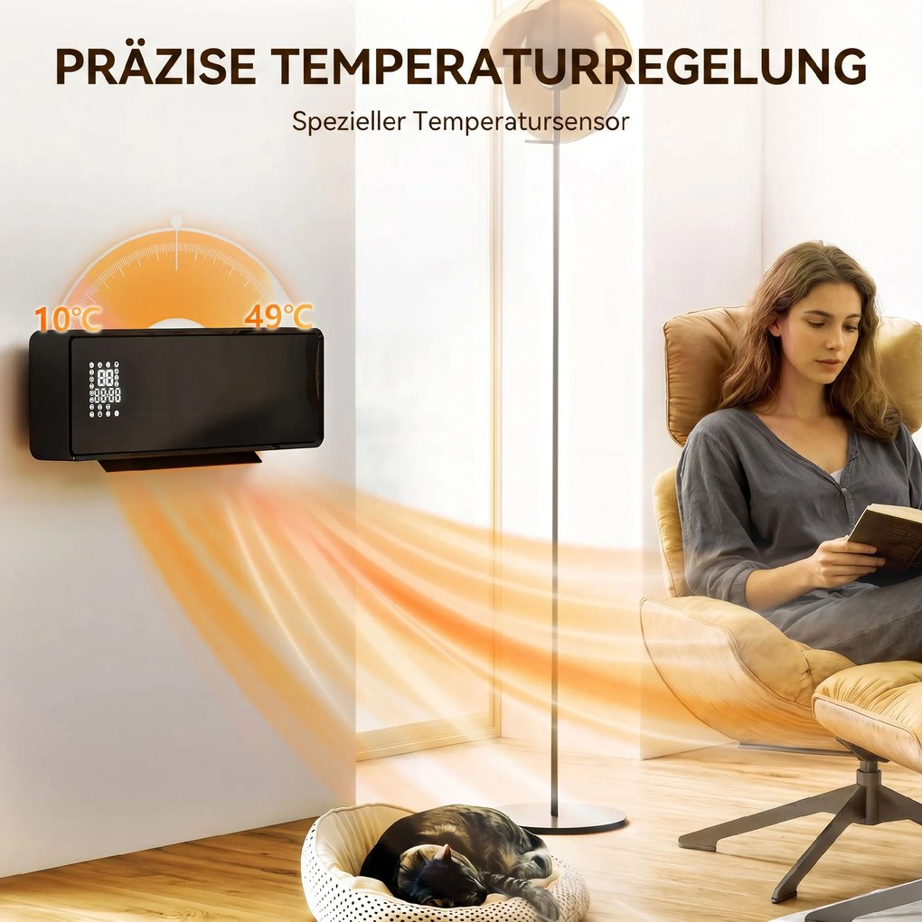 HOMCOM Nástěnný keramický elektrický ohřívač 2000 W, ventilátor, termostat, časovač, dálkové ovládání, skleněný panel, černý