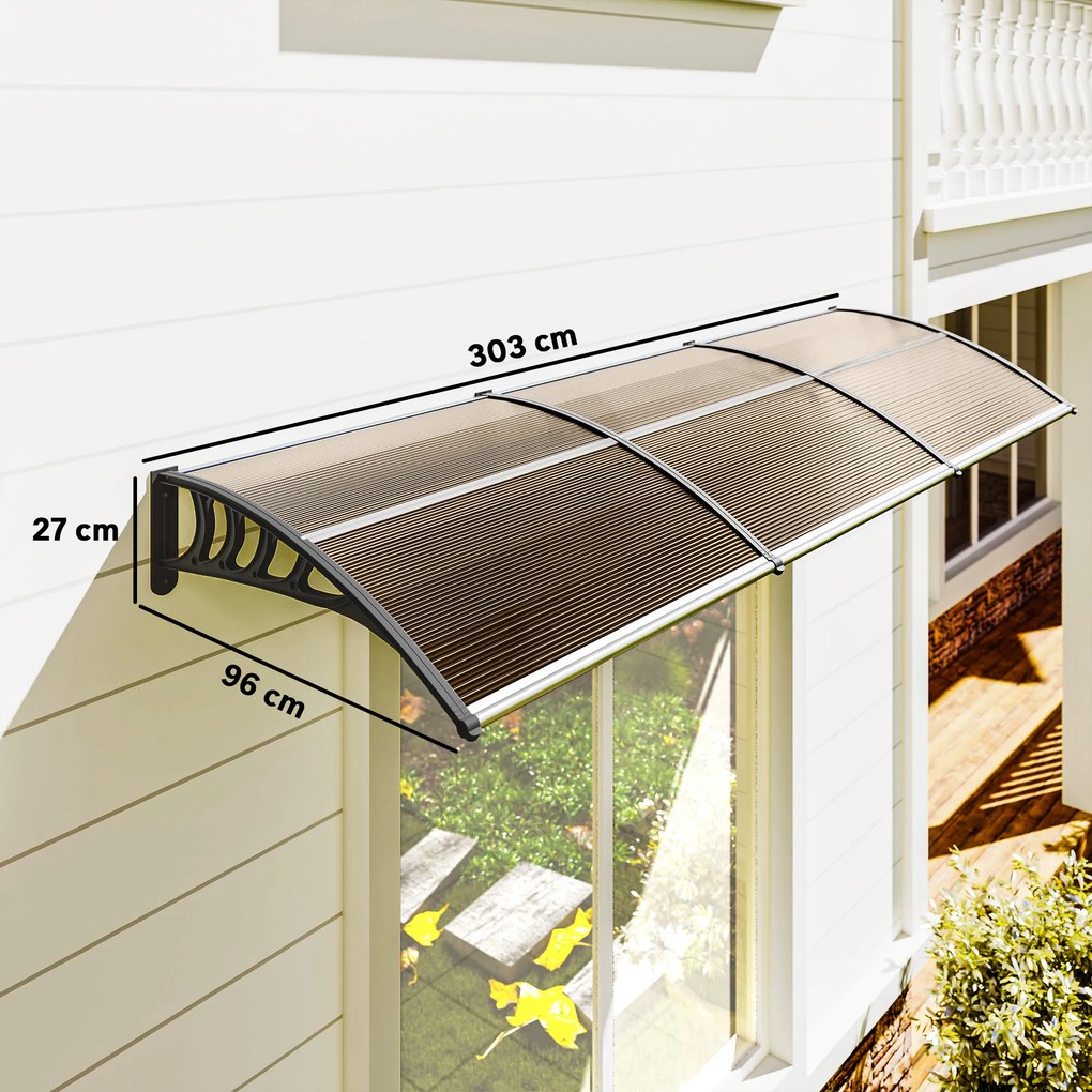 Outsunny Hnědý slunečník 303x96x27 cm pro dveře a okna, chránící proti slunci a dešti, s podpěrami z polykarbonátu a PP