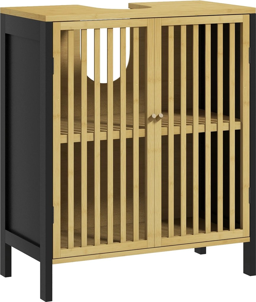HOMCOM Podložková skříňka pod umyvadlo, koupelnová skříňka se zásuvkami 60 x 30 x 70 cm v černé a přírodní bambusové barvě | Aosom