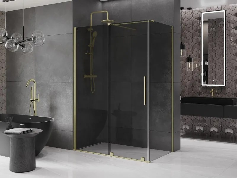 Mexen Velar, sprchový kout s posuvnými dveřmi 160 x 100 cm, 8mm šedé sklo, zlatá matná, 871-160-100-41-55