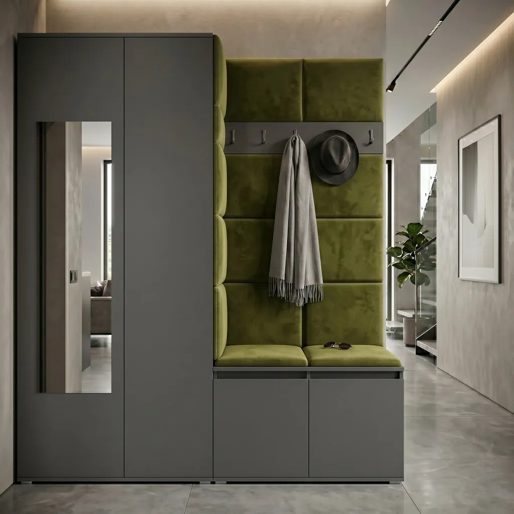 Předsíňová stěna Trinity 8 s čalouněnými panely, 190 cm, grafit/ olivová
