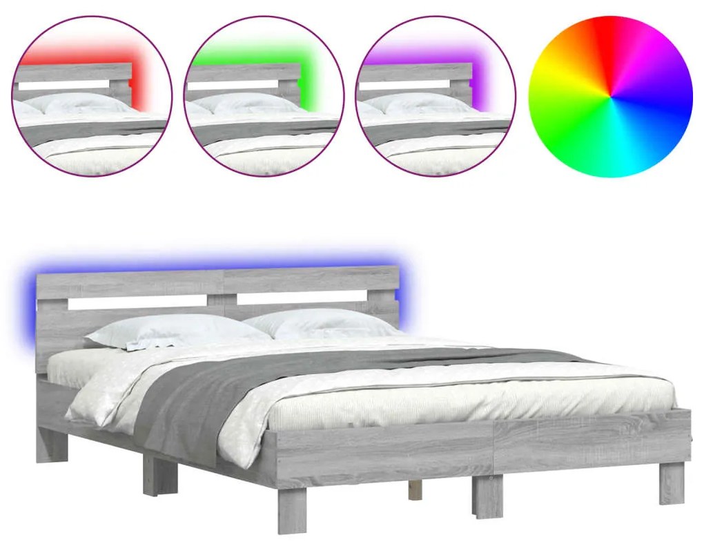 vidaXL Rám postele s čelem a LED osvětlením šedý sonoma 140 x 200 cm