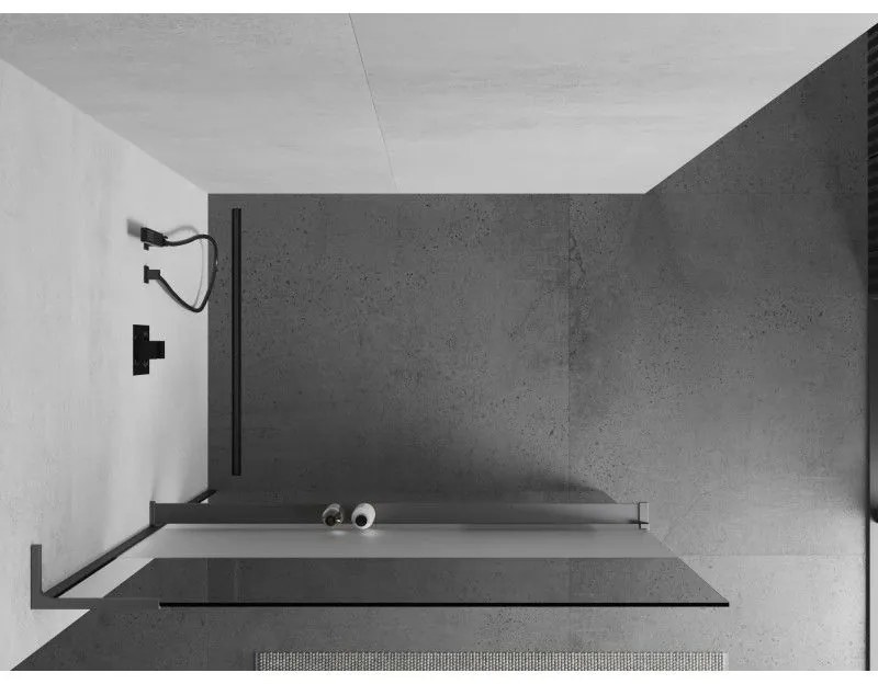 Mexen Kioto+ L, sprchová zástěna Walk-In s poličkou a věšákem 100 x 200 cm, 8mm čiré sklo-námraza, grafitový profil, 800-100-123-95-35