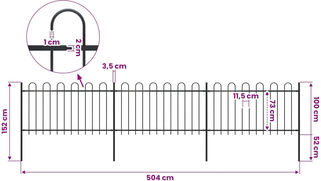 Zahradní plot s obloukem nahoře ocelový 504 x 100 cm černý 277658