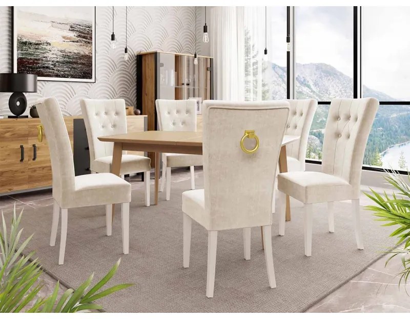 Rozkládací stůl 140x80 se 6 židlemi ST67, barva: černá, barva: bílá, Klepadlo: zlaté, Potah: Magic Velvet 2258