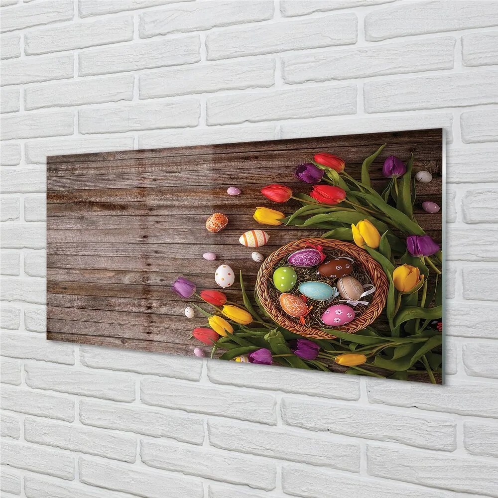 Obraz na skle Vajíčka tulipány desky 100x50 cm