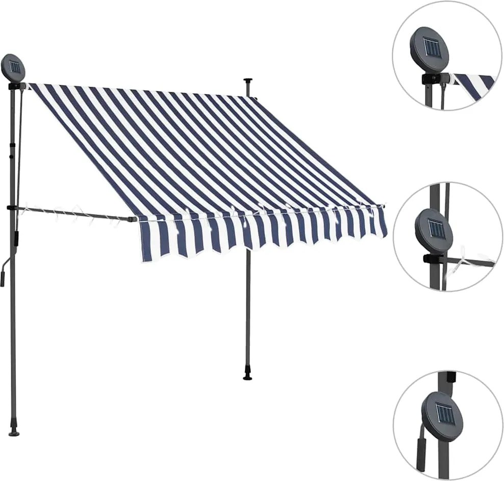 Ručně zatahovací markýza s LED světlem 150 cm modrobílá 145842