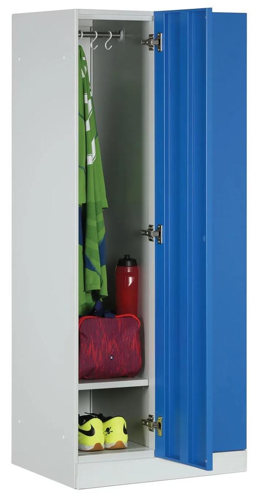Šatní skříňka snížená, 2 oddíly, 1500 x 600 x 500 mm, otočný zámek, modré dveře