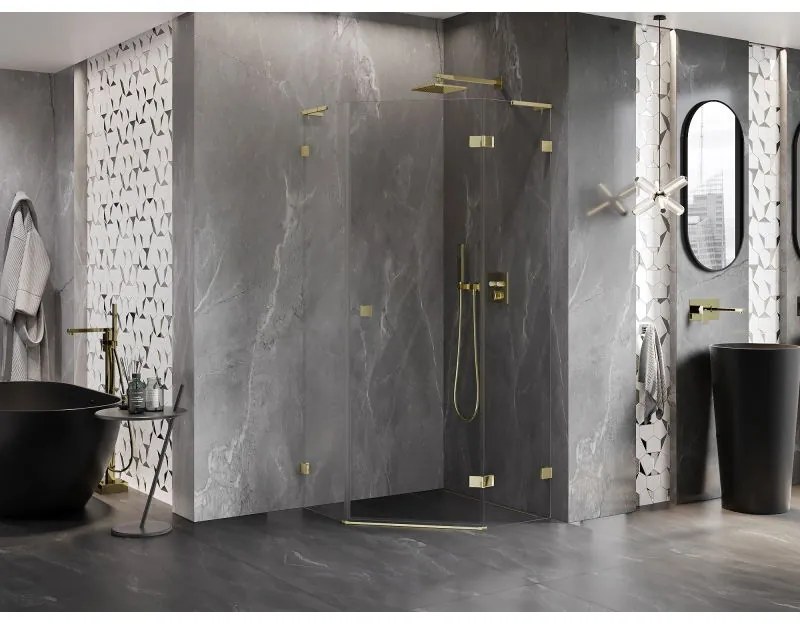 Mexen Lunar, L pravý výklopný pětiúhelníkový sprchový kout 90 x 90 cm, 8mm čiré sklo, zlatý profil, 831L-090P-090L-50-00-P