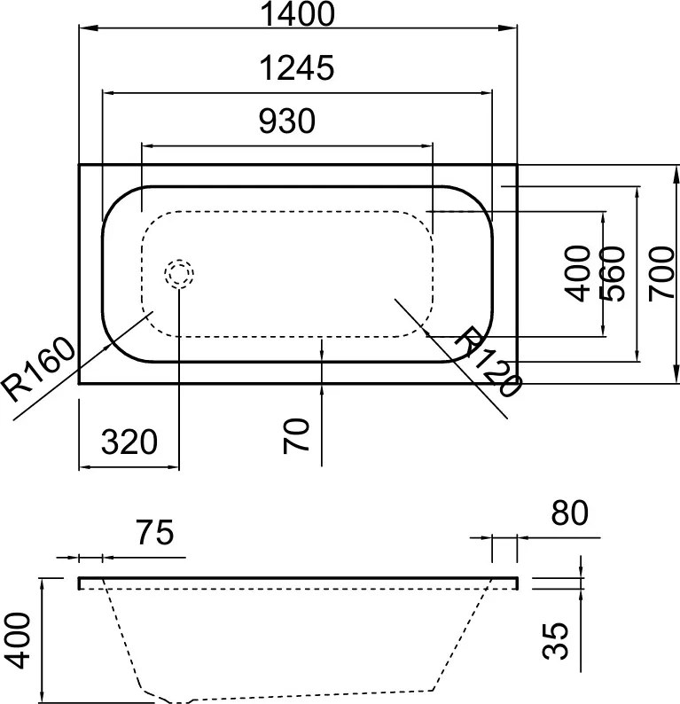 Erga Pureline-O, vana 1400x700x400 mm bez nožiček, bílá lesklá, ERG-V07-PURELINE-O-140x070-WH