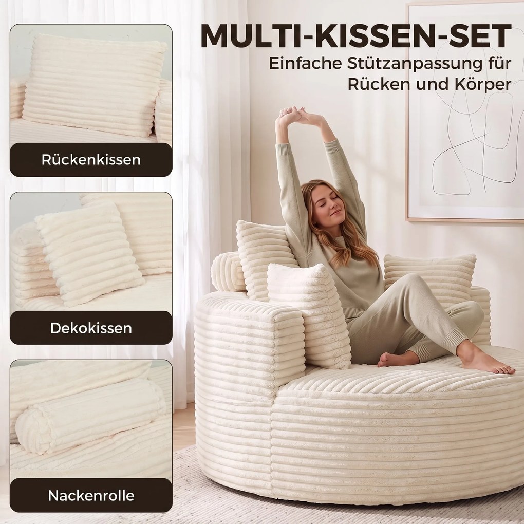 HOMCOM Křeslo s hlubokým sedákem, jednosedací pohovka bez pevného rámu, design z plné pěny, 4 polštáře, krémově bílá