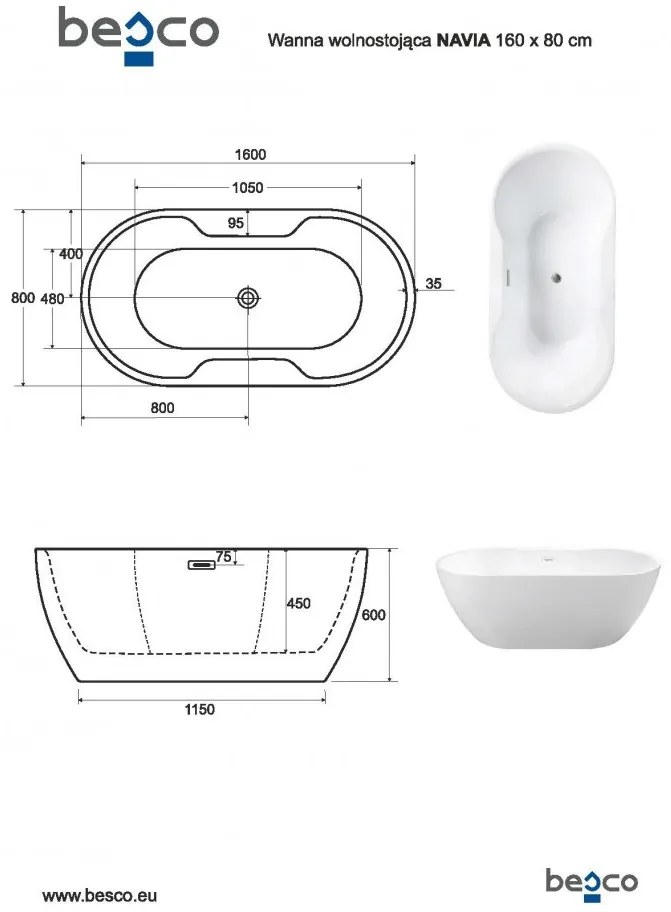 BESCO Volně stojící vana NAVIA bílá Barva - Bílá, Barva sifonu - Bílá, Rozměr vany - 160 × 80 cm VANNAVIA160W