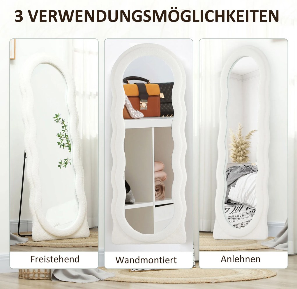 HOMCOM Zrcadlo na celou postavu 160 x 60 cm Obloukové stojací zrcadlo s vlnitým designem, nerozbitné sklo, bílá