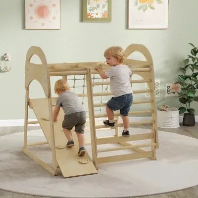 AIYAPLAY Vnitřní horolezecká konstrukce, 6v1 design, skluzavka, lezecké tyče, lezecká stěna, žebřík, lezecká síť, 3-6 let, dřevo