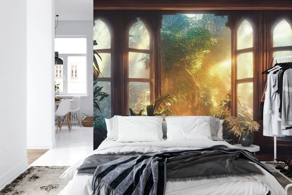 Fototapeta A Large Arch-Shaped Window, A Portal In The Dark Mystical Forest, The Sun&amp;#039;s Rays Pass Through The Window And Trees, Shadows. Fantasy Beautiful Forest Fantasy Landscape. 3D . Hladký vinyl 368x254