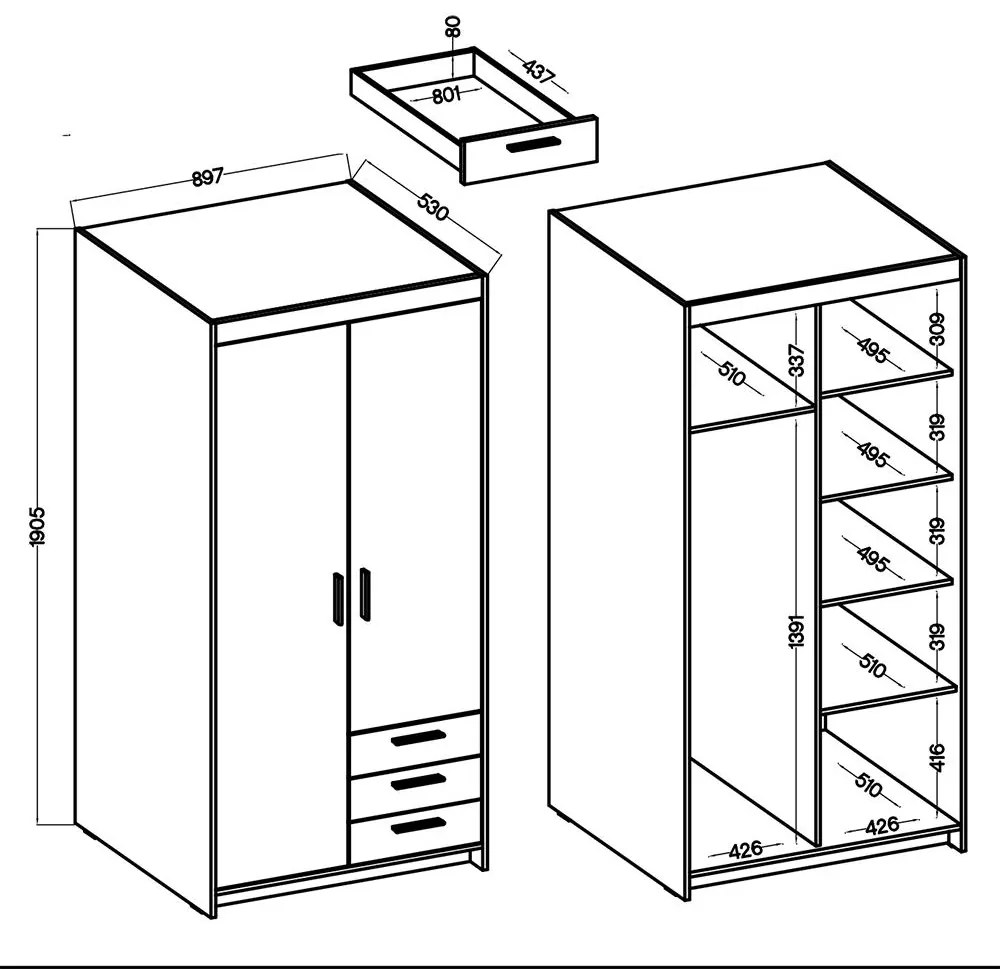 Šatní skříň ELENA 2D 3S + nástavec | 89,7 cm | dub lefkas