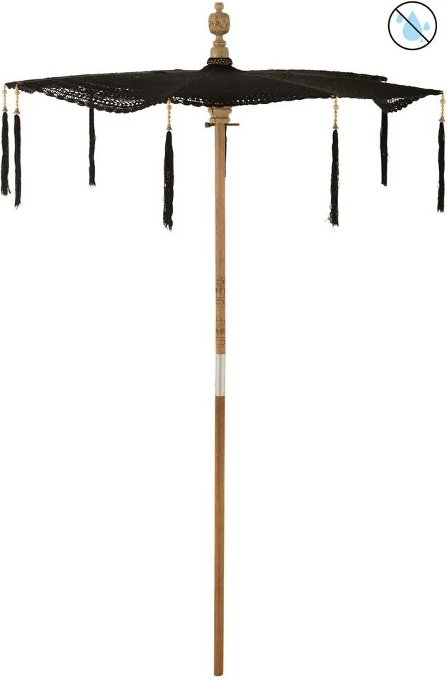 Černý boho slunečník s dřevěnou tyčí a střapci Lorie Wood - ∅ 140*250 cm