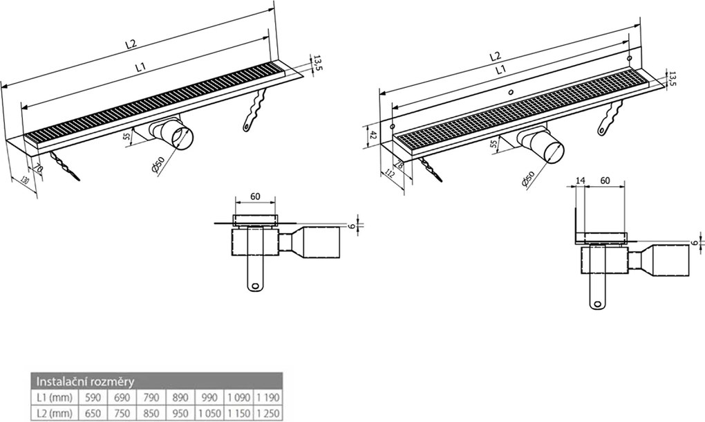 Gelco MANUS ONDA nerezový podlahový žlab s roštem 1150 x 112 x 55 mm ke stěně DN50 GMO27
