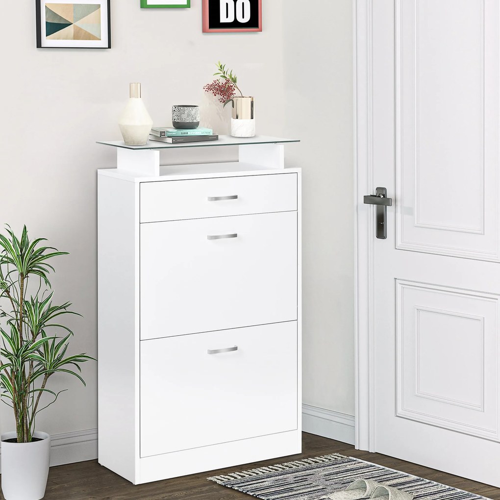 HOMCOM Botník s 3 šuplíky, skleněnou policí a hliníkovými úchyty pro předsíň, nosnost 50 kg, 60x24x105,5 cm, bílý
