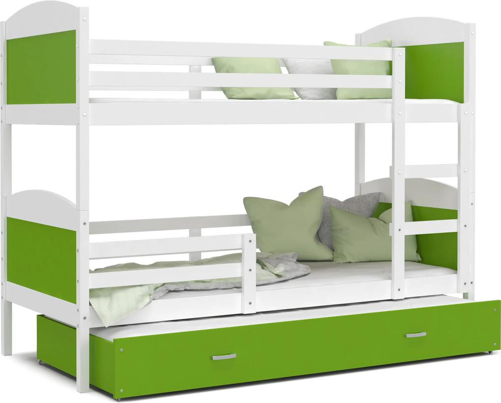 Svět pokojů Patrová postel Maty s přistýlkou pro 3 děti 200x90 cm rám ŠEDÝ/BÍLÝ Matrace: Ano, Barva konstrukce: bílá, Barva dílů: zelená