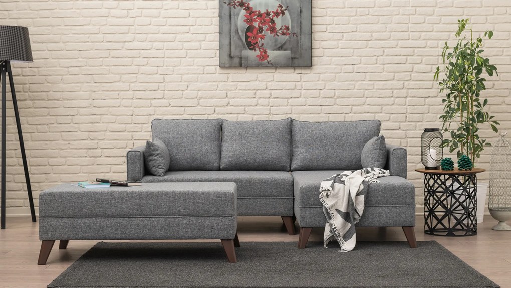 Hanah Home Třímístná pohovka BELLA šedá pravá 205 cm s taburetem 825BLC1504