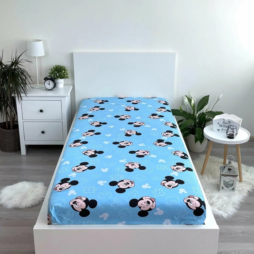 Jerry Fabrics Plátěné prostěradlo s gumou Mickey Blue 02, 90 x 200 cm + 25 cm